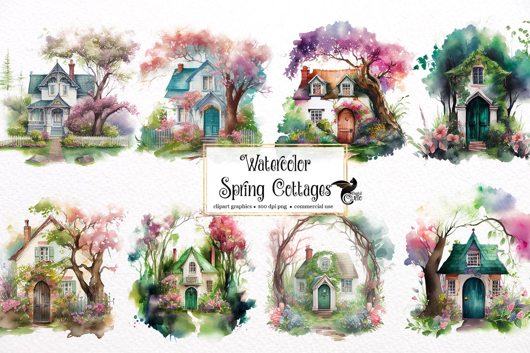 Watercolor Spring Cottages Clipart - Springtime Cute Little Houses PNG ...