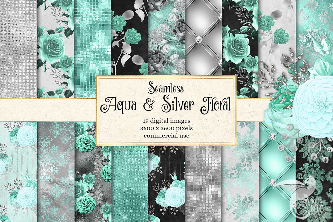 Aqua and Silver Floral Digital Paper, Seamless Turquoise Rose Printable ...