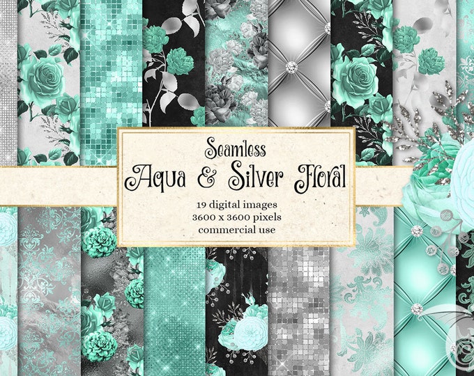 Aqua and Silver Floral Digital Paper Seamless Turquoise Rose - Etsy