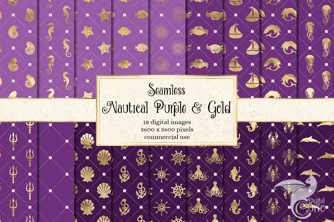 Purple and Gold Nautical Digital Paper, Seamless Ocean Patterns ...
