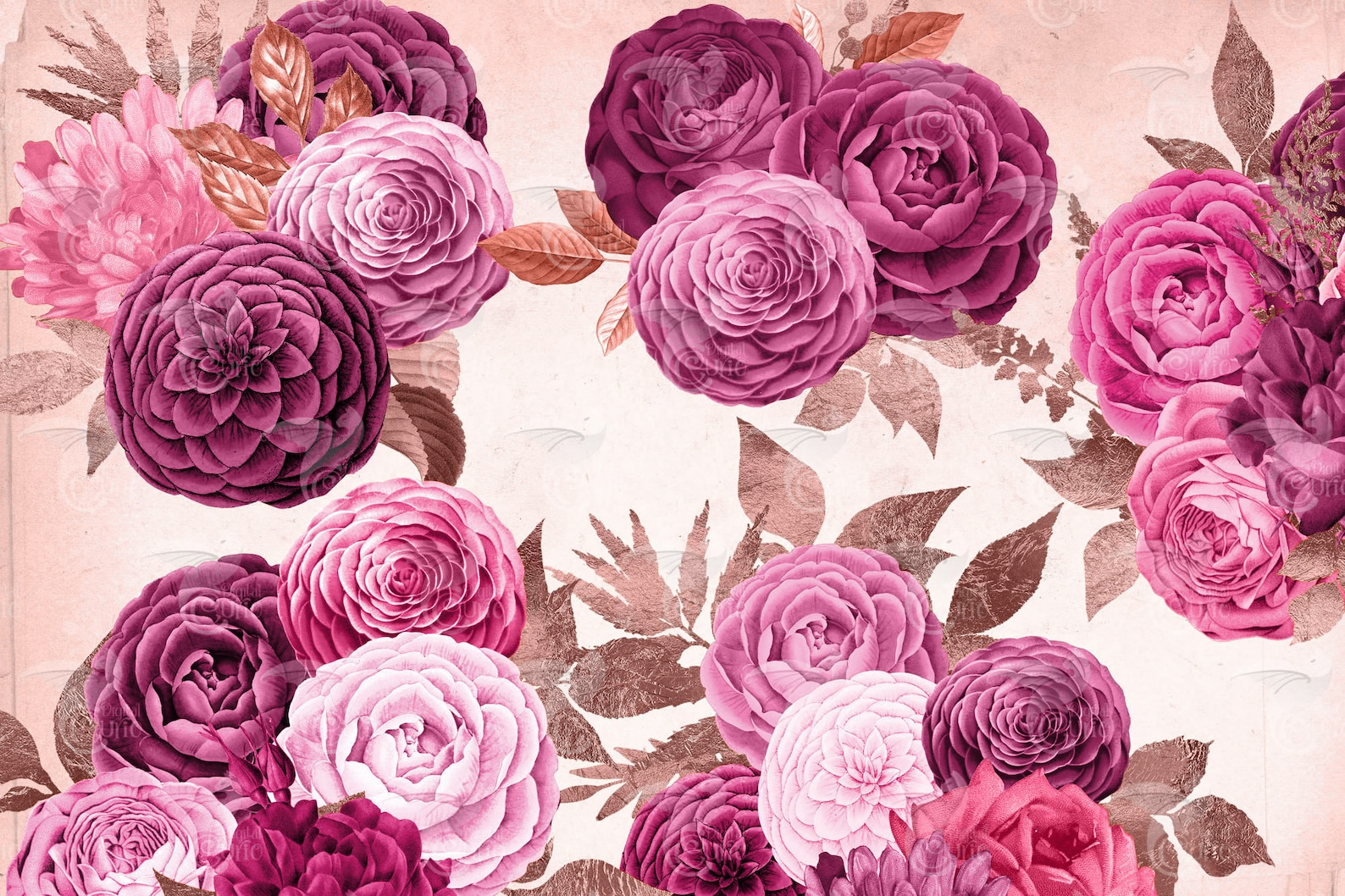 Magenta and Rose Gold Floral Bouquets Clipart Digital Instant | Etsy