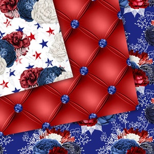 Red White and Blue Floral Digital Paper, Seamless Patriotic Flower ...