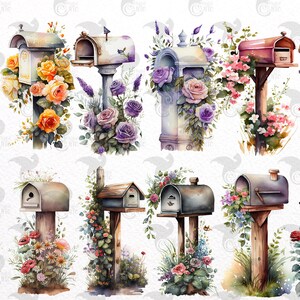 Watercolor Mailboxes Clipart - Cute Rustic Floral Post Boxes in PNG ...
