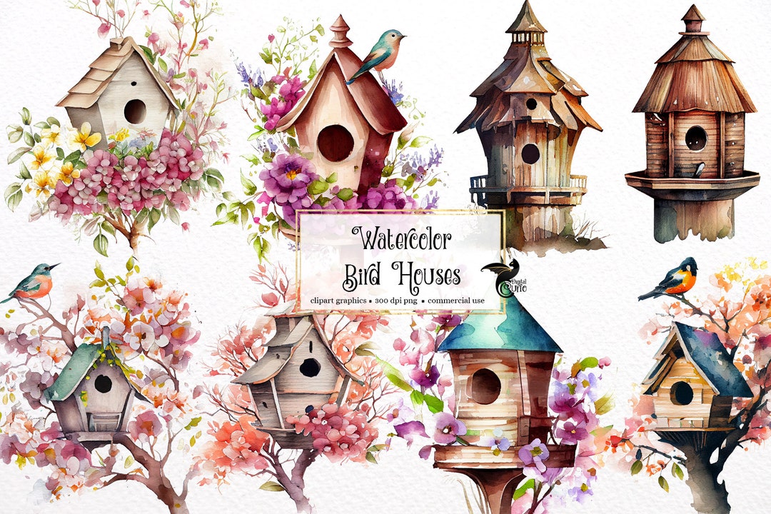 Watercolor Bird Houses Clipart - Springtime Cute Birdhouses and ...
