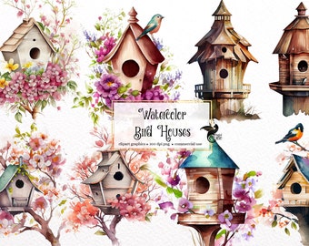 Watercolor Bird Houses Clipart, Springtime Cute Birdhouses and Blossoms ...
