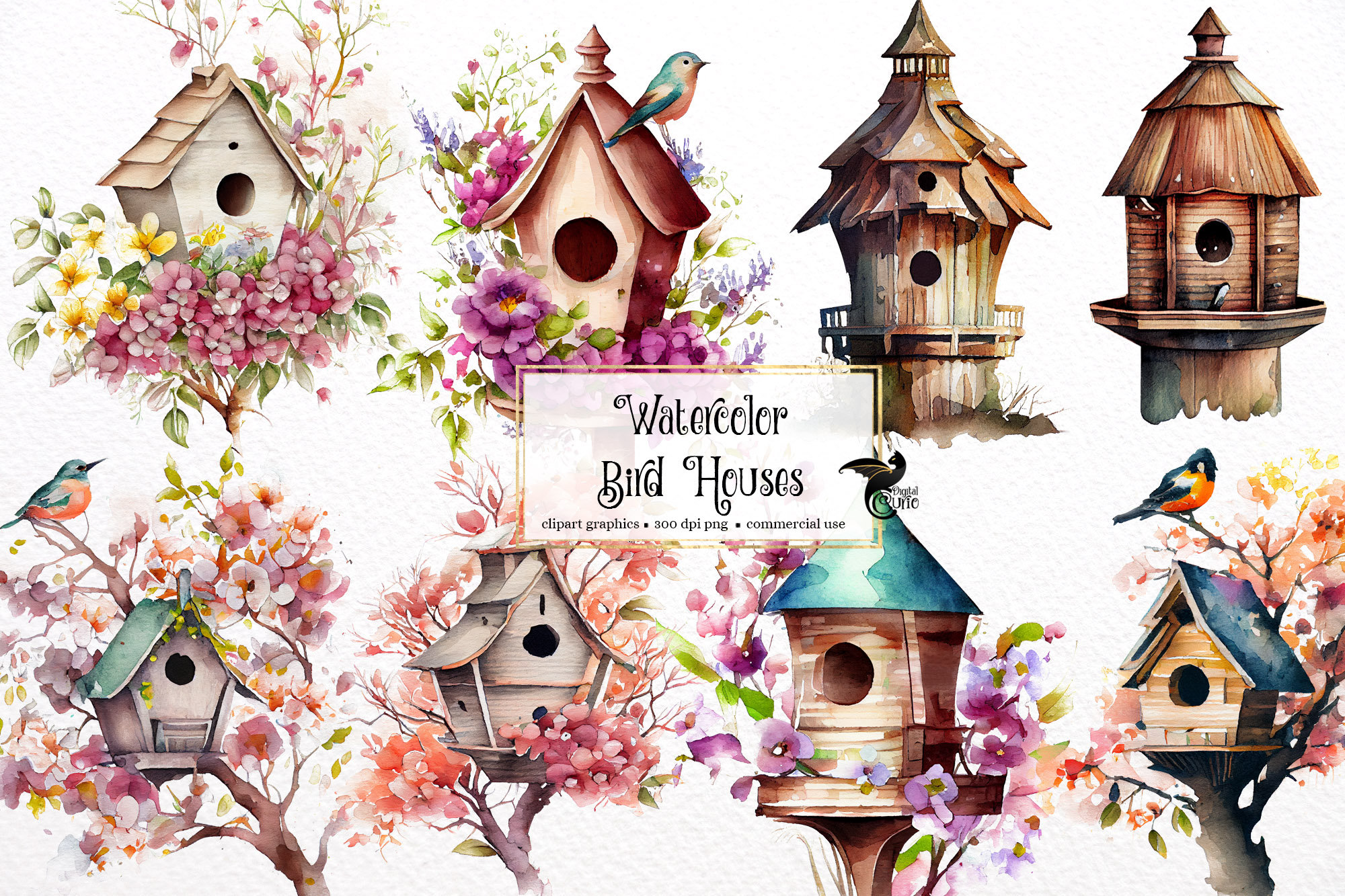 Watercolor Bird Houses Clipart Springtime Cute Birdhouses - Etsy