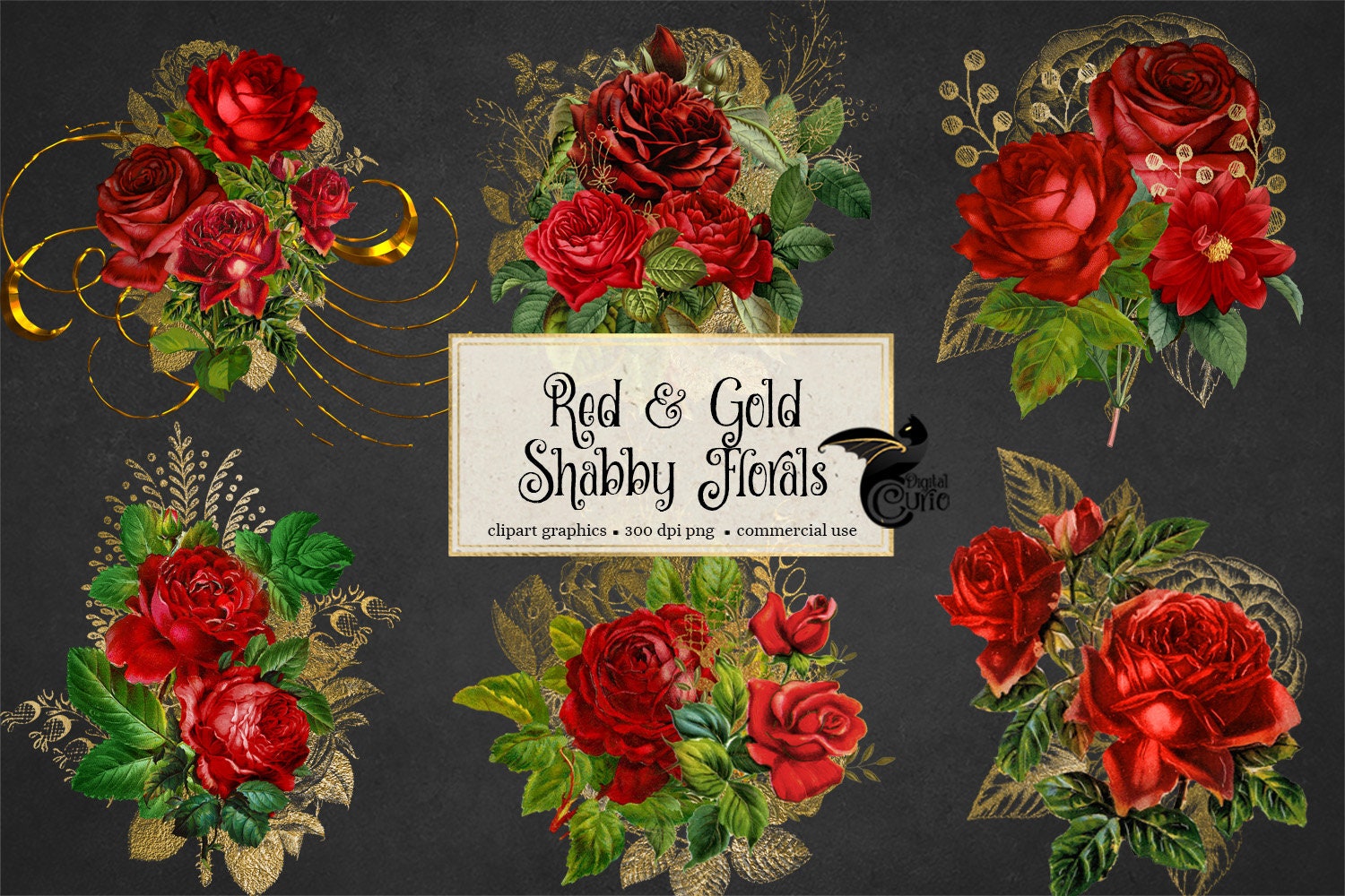 Red and Gold Shabby Floral Clip Art, Digital Instant Download Vintage ...