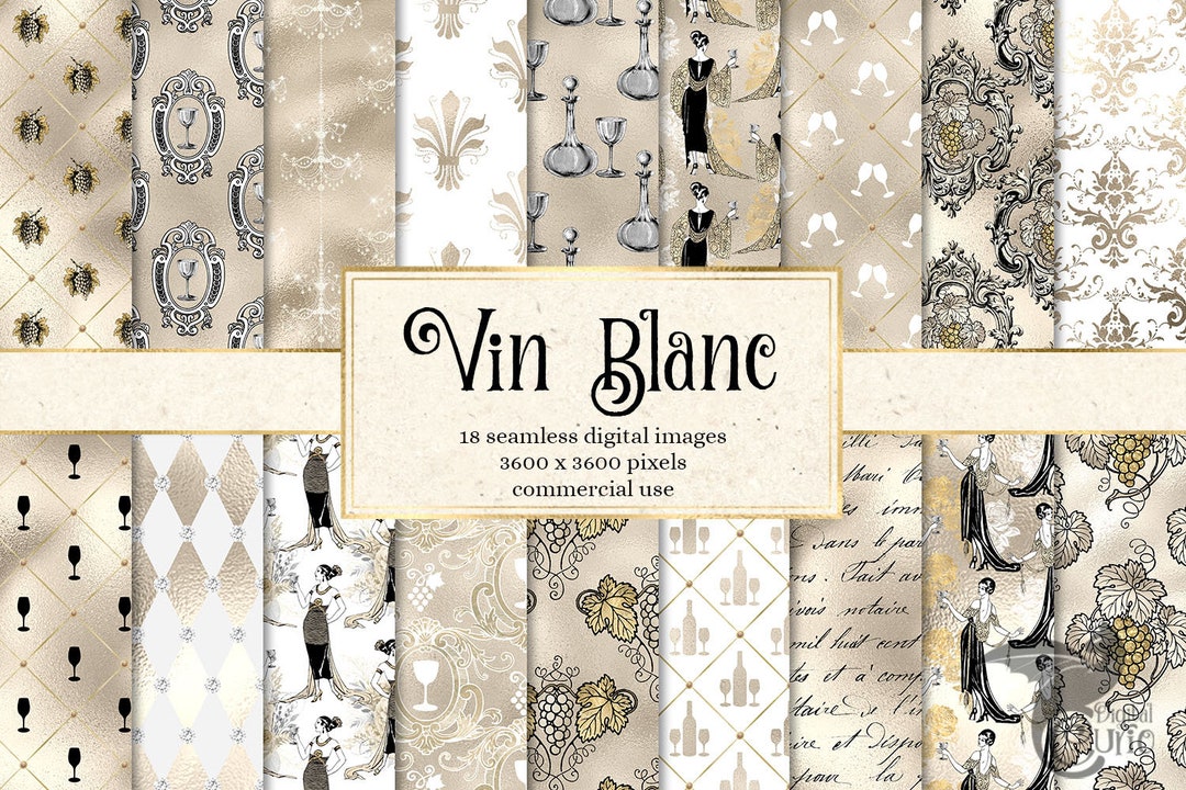 Vin Blanc Digital Paper, Seamless White Wine French Pattern, With ...