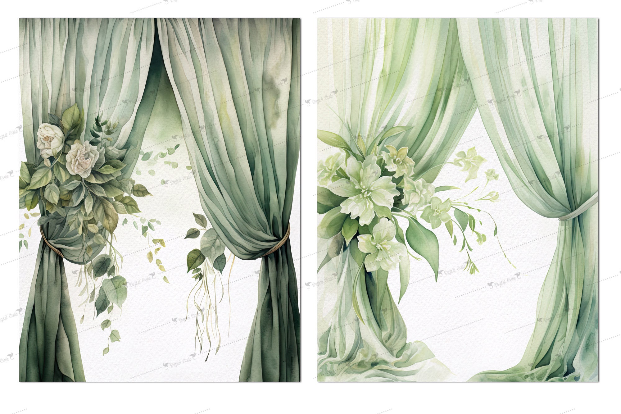 Watercolor Green Curtains Journal Paper, Printable Digital Paper ...
