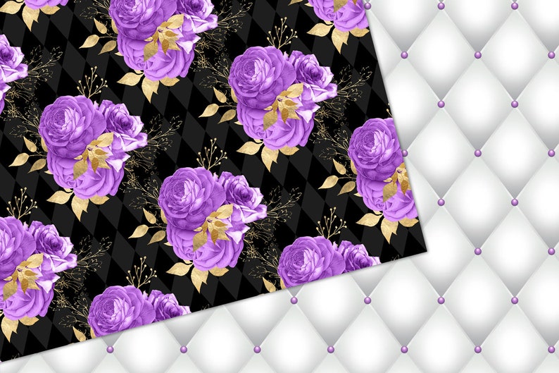 Purple and Gold Floral Digital Paper, Watercolor Flowers (digital ...