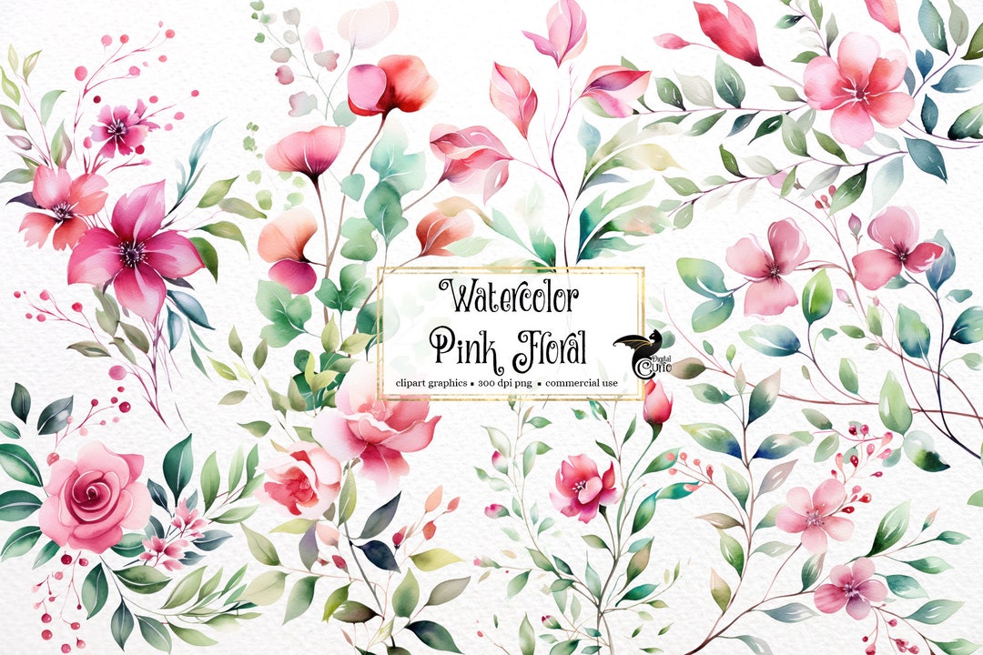 Watercolor Pink Floral Clipart - Botanical Leaves and Flowers in PNG ...
