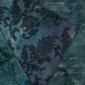 Nightfall Glimmer Digital Paper, Teal Gothic Vintage Distressed ...