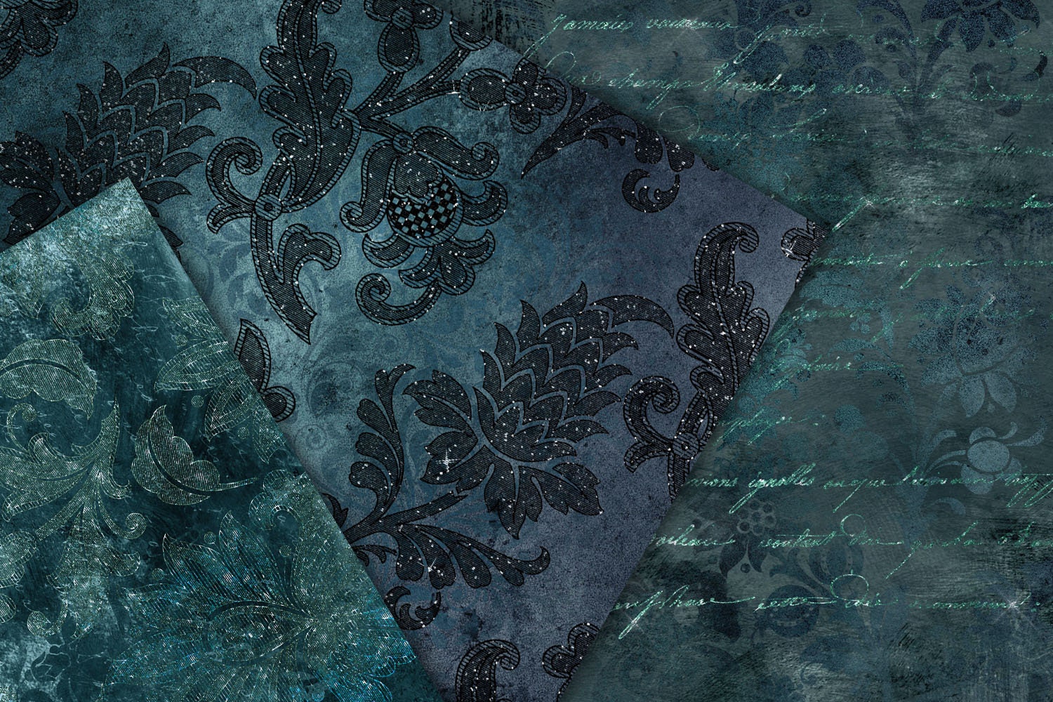 Nightfall Glimmer Digital Paper Teal Gothic Vintage | Etsy