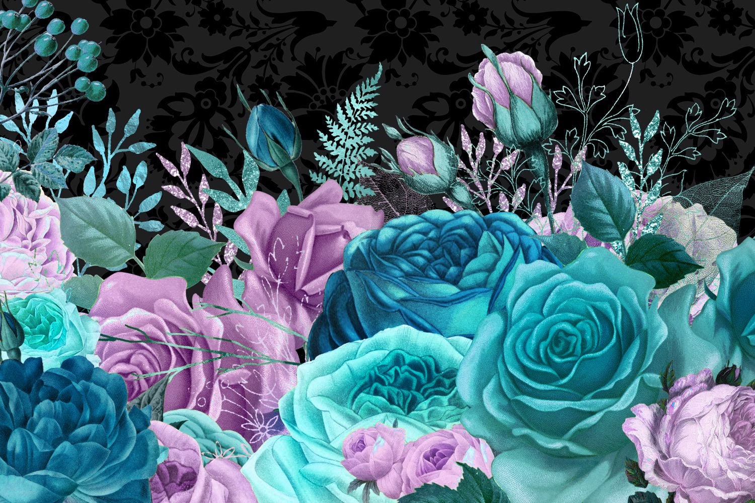 Turquoise and Lavender Floral Clipart Purple Wedding Roses - Etsy