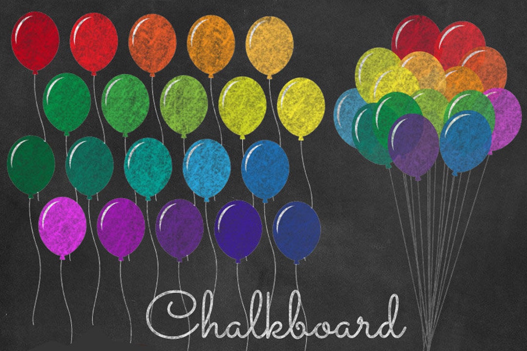 Rainbow Chalkboard Balloons Clipart, PNG Clip Art Set, Chalk Party ...