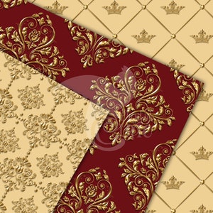 Ornate Red and Gold Digital Paper, Seamless Damask Patterns Printable ...