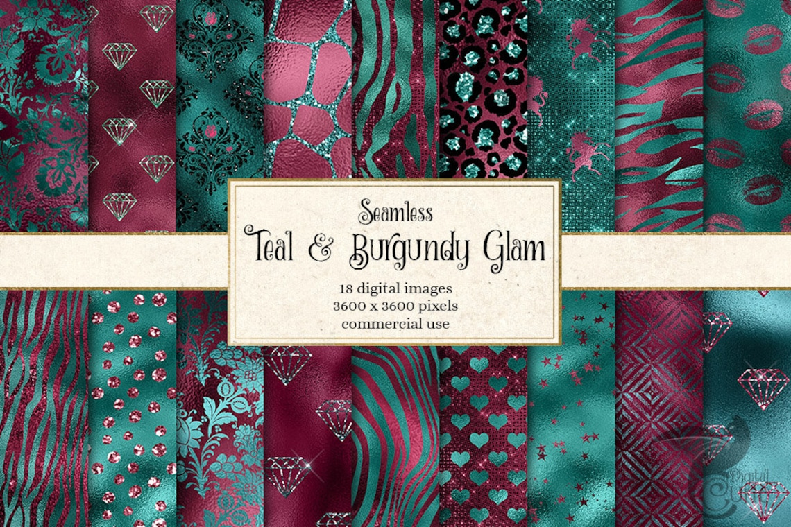Burgundy and Teal Glam Digital Paper Seamless Red Burgundy | Etsy