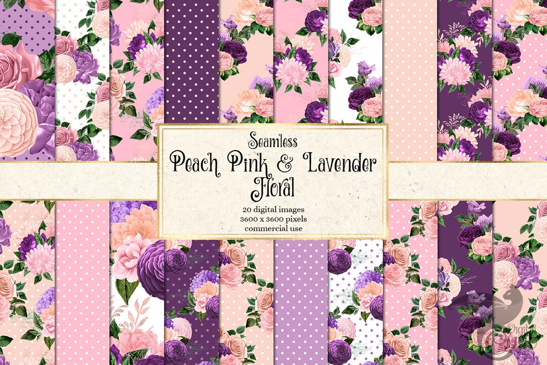 Peach Pink and Lavender Floral Digital Paper - Seamless Patterns ...