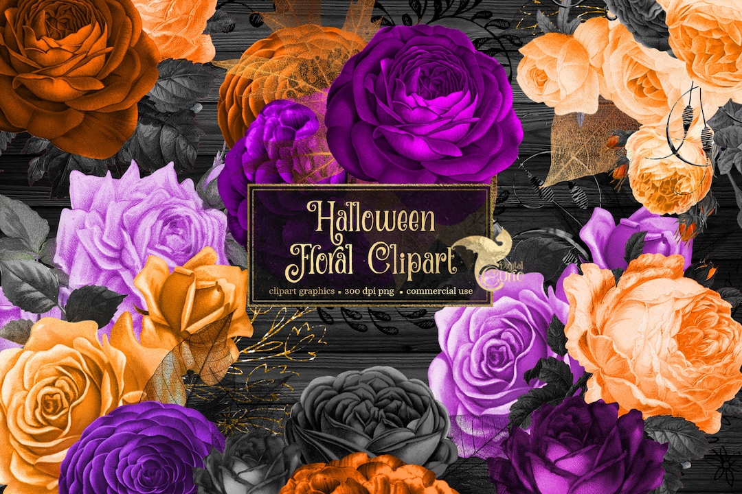 Halloween Floral Clipart, Gothic Purple Orange Roses (digital Download ...