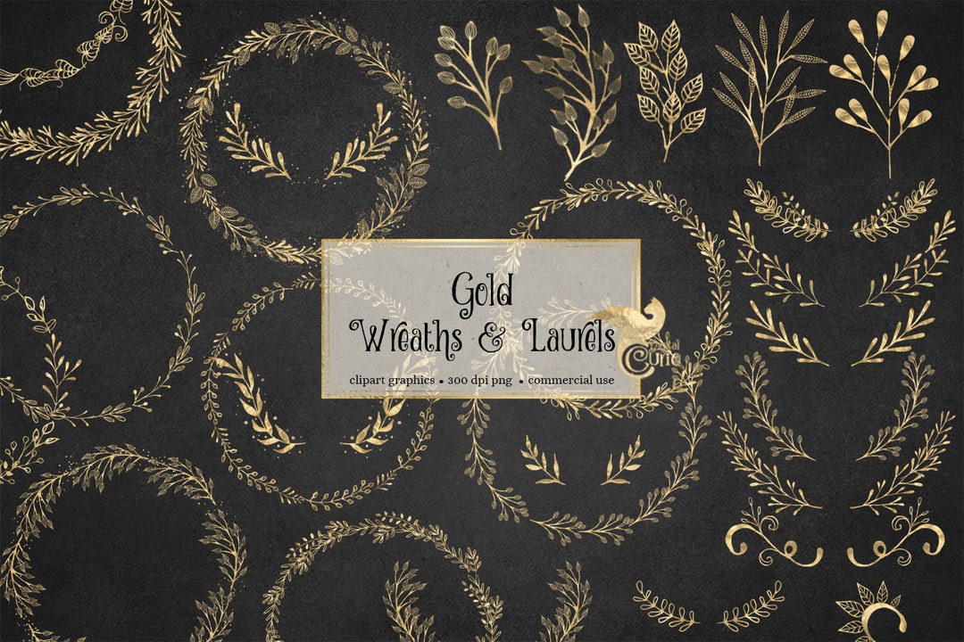 Gold Wreaths and Laurels Clipart, Digital Gold Foil Wreath Graphics ...