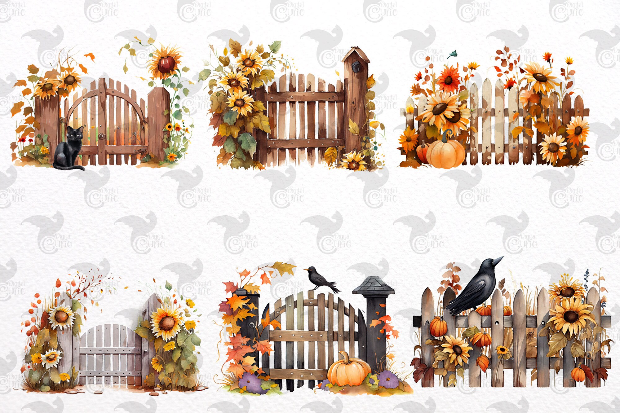 Watercolor Autumn Fences Clipart Fall Floral PNG Format - Etsy