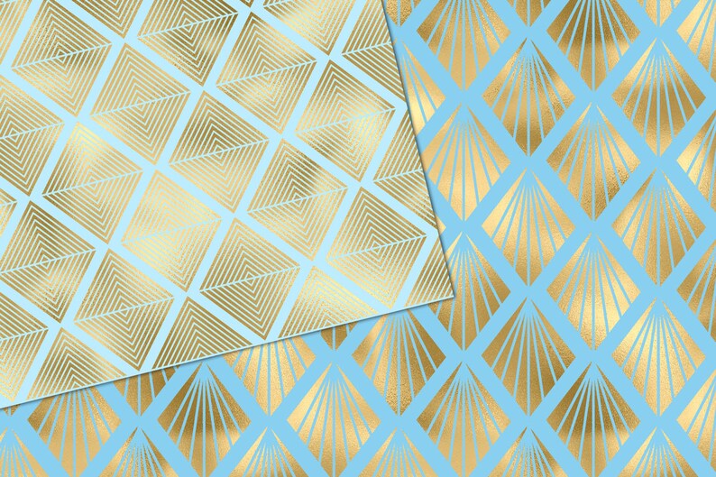 Blue and Gold Art Deco Digital Paper, Seamless Retro Patterns (digital ...