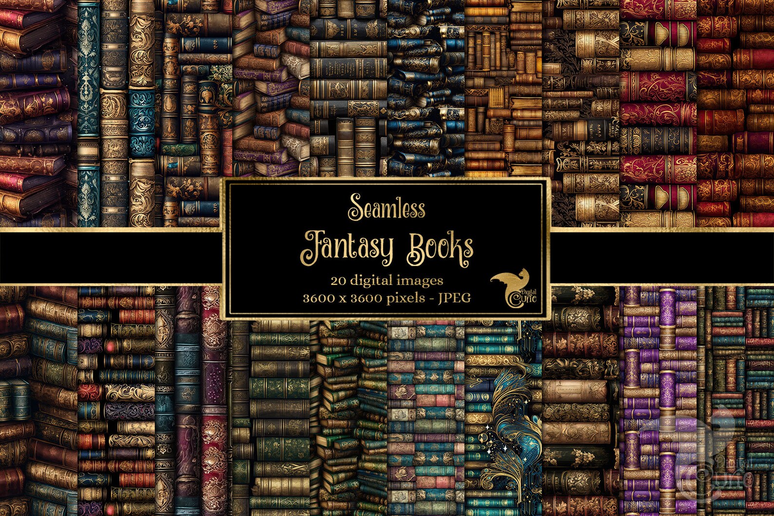 Fantasy Books Digital Paper, Seamless Grimoire Book Textures Printable ...