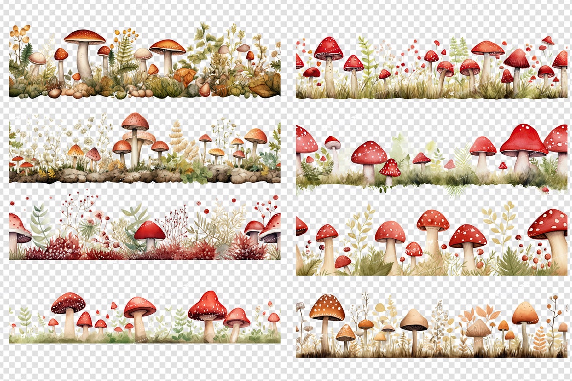 Watercolor Mushroom Borders Clipart – Seamless Botanical PNG (digital ...