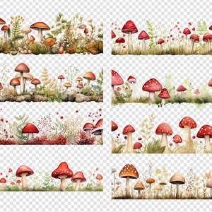 Watercolor Mushroom Borders Clipart – Seamless Botanical PNG (digital ...