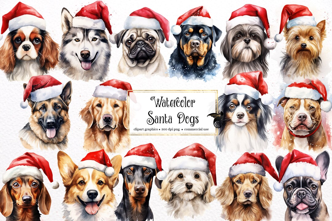 Watercolor Santa Dogs Clipart – Christmas Dog PNG, Commercial Use ...