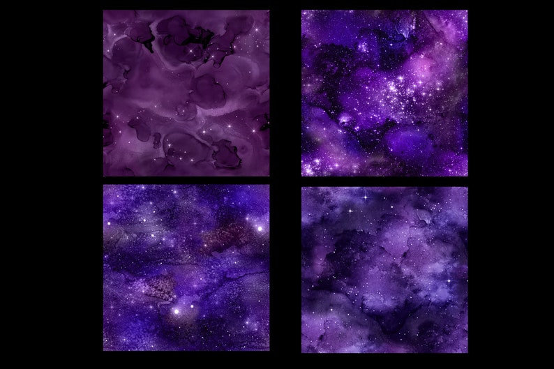 Purple Galaxy Digital Paper – Watercolor Textures, Gold Stars (digital ...