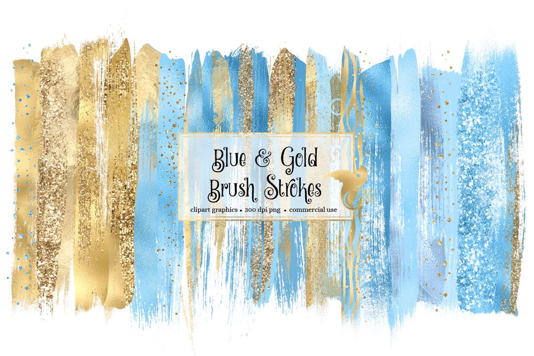 Blue and Gold Brush Strokes Clipart, With Blue Glitter and Gold Foil in ...