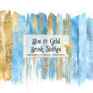 Blue and Gold Brush Strokes Clipart, With Blue Glitter and Gold Foil in ...