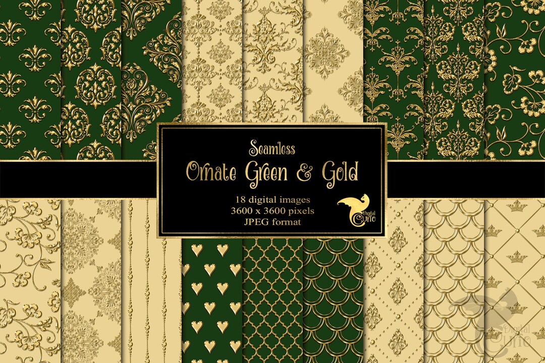 Ornate Green and Gold Digital Paper, Seamless Royal Damask Patterns ...