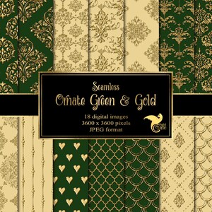 Ornate Green and Gold Digital Paper, Seamless Royal Damask Patterns ...