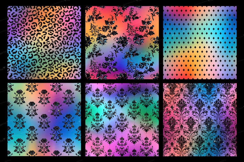 Rainbow Glitter Digital Paper, Damask & Royal Patterns (digital ...