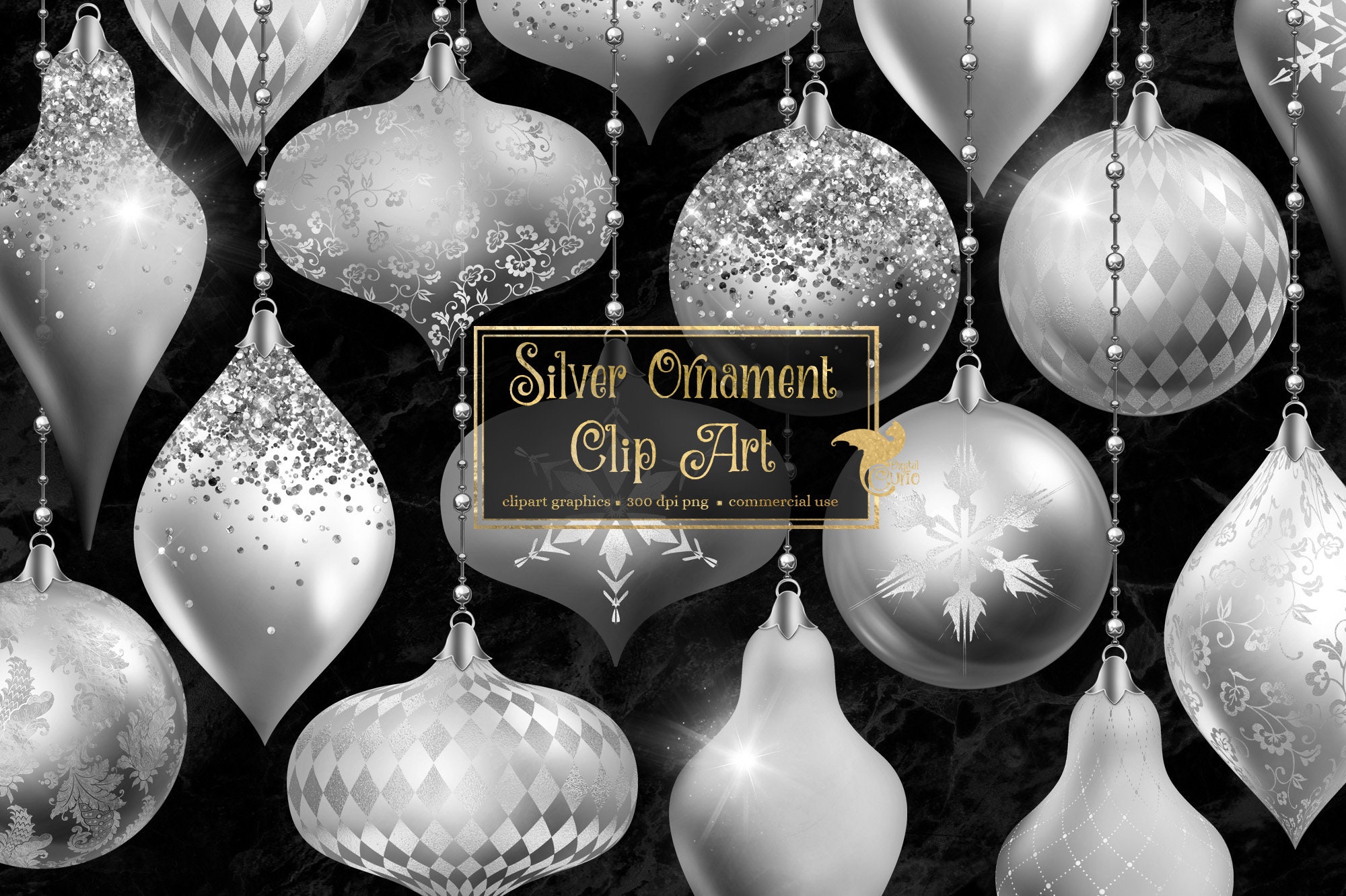 Silver Christmas Ornaments Clipart Digital Glitter Christmas - Etsy