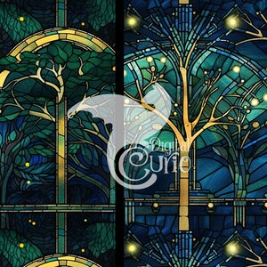 Stained Glass Celestial Trees Digital Paper, Seamless Printable Textures Printable Scrapbook ...