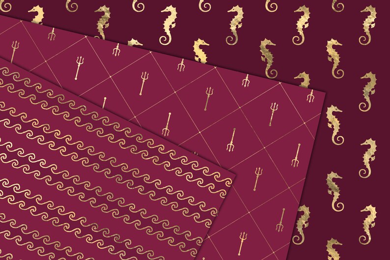 Burgundy and Gold Mermaid Digital Paper, Seamless Patterns (instant ...