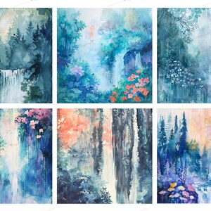 Watercolor Forest Waterfall Backgrounds, Watercolour Wash Digital Paper ...