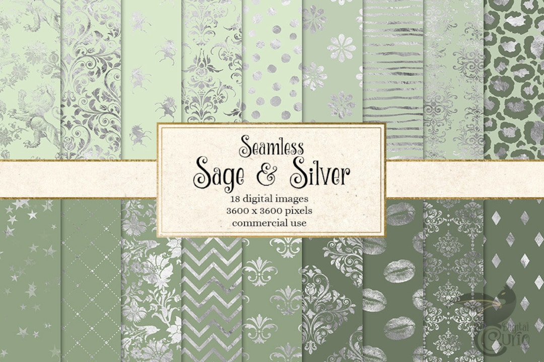 Sage and Silver Digital Paper, Green Seamless Silver Foil Patterns ...