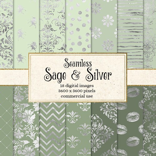 Sage and Silver Digital Paper Green Seamless Silver Foil - Etsy