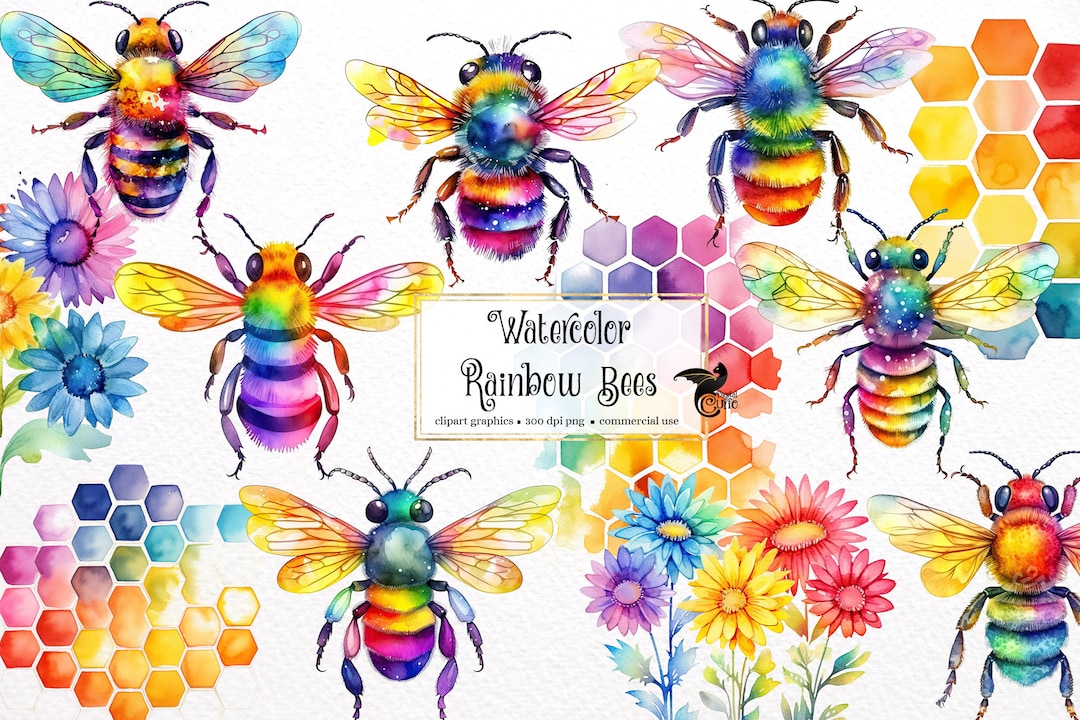 Watercolor Rainbow Bees Clipart - Cute Honeybees With Rainbow Colors ...