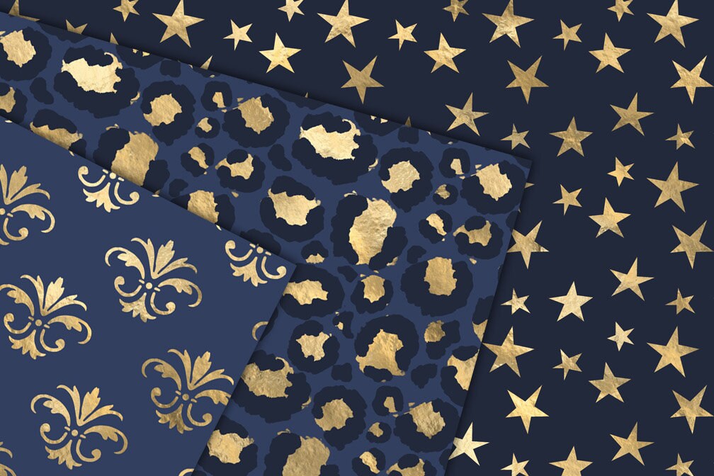 Navy and Gold Digital Paper, Seamless Gold Foil Backgrounds, Gold ...