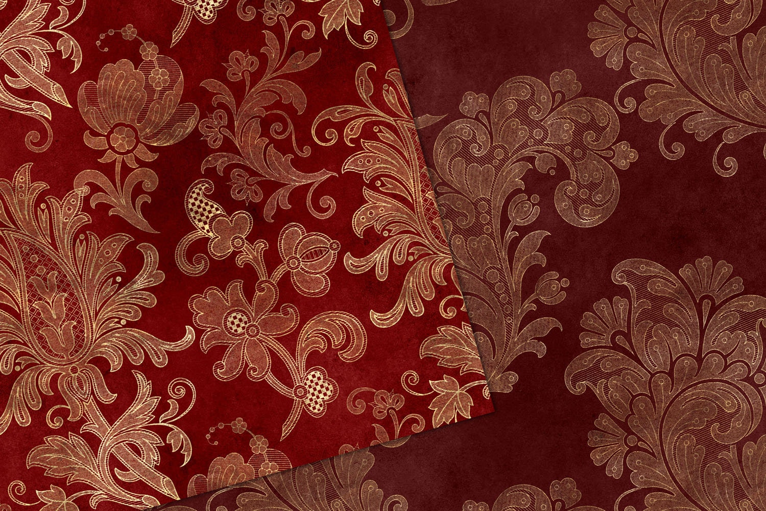 Crimson Floral Velvet Digital Paper Seamless Gold Damask | Etsy