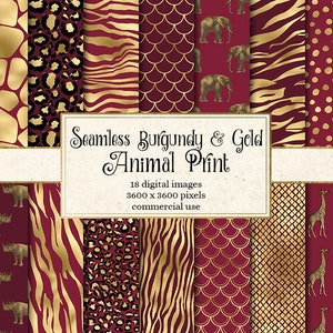 Burgundy and Gold Animal Skins Digital Paper, Red Seamless African ...