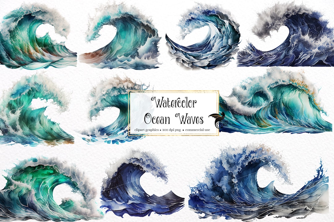 Watercolor Ocean Waves Clipart - Nautical Watercolor Wave Clip Art in ...
