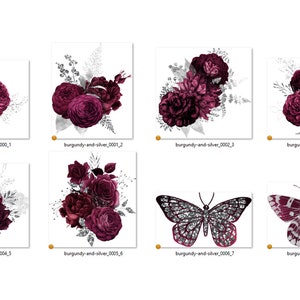 Burgundy and Silver Floral Clip Art, Digital Instant Download Painted ...