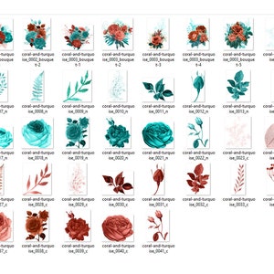 Turquoise and Coral Floral Clip Art, Digital Instant Download Wedding ...