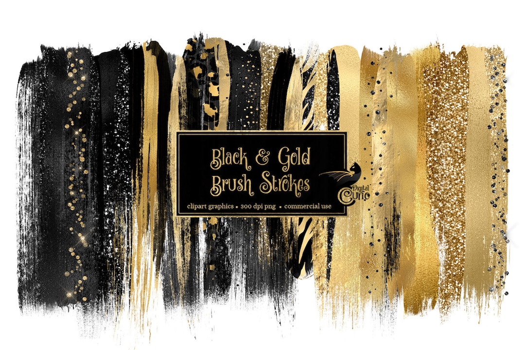 Black and Gold Brush Strokes Clipart, With Black Glitter and Gold Foil ...